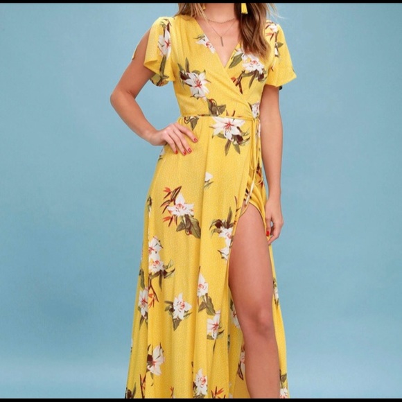 Lulus Dresses Heart Of Marigold Yelloe Floral Print Wrap Maxi Dress